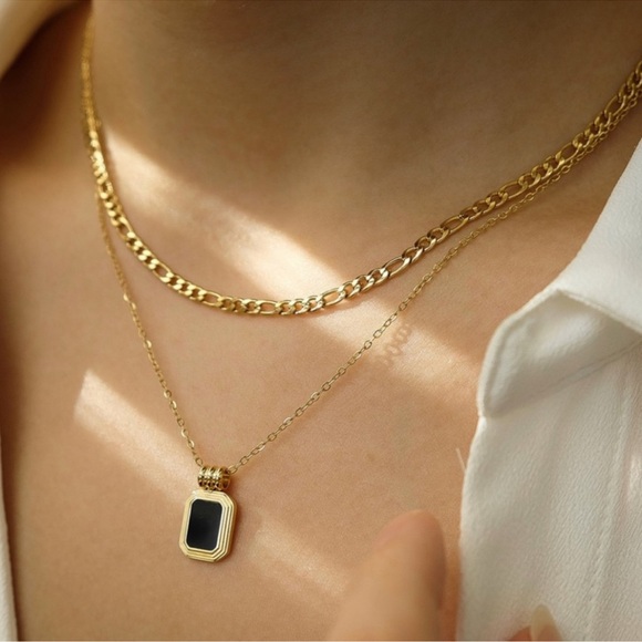 Jewelry | Ridge Rectangle Onyx Chain Necklace 18k Gold Plated Stainless ...
